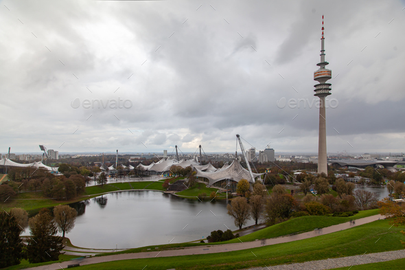 Elevated Autumnal Pace through Munich Olympic Park Scenery Stock Photo by YanMednis